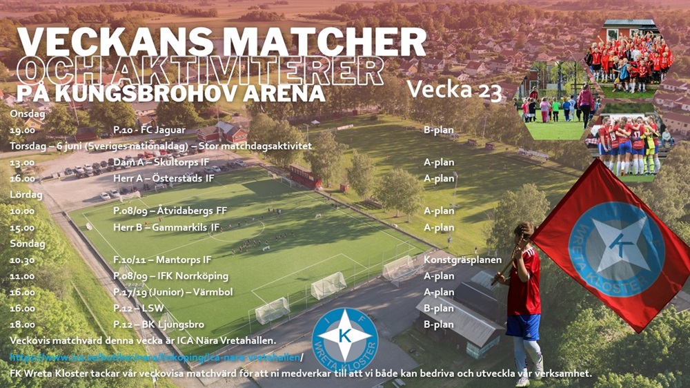 Veckans matcher och aktiviteter på Kungsbrohov Arena – v.23 / IFK Wreta Kloster